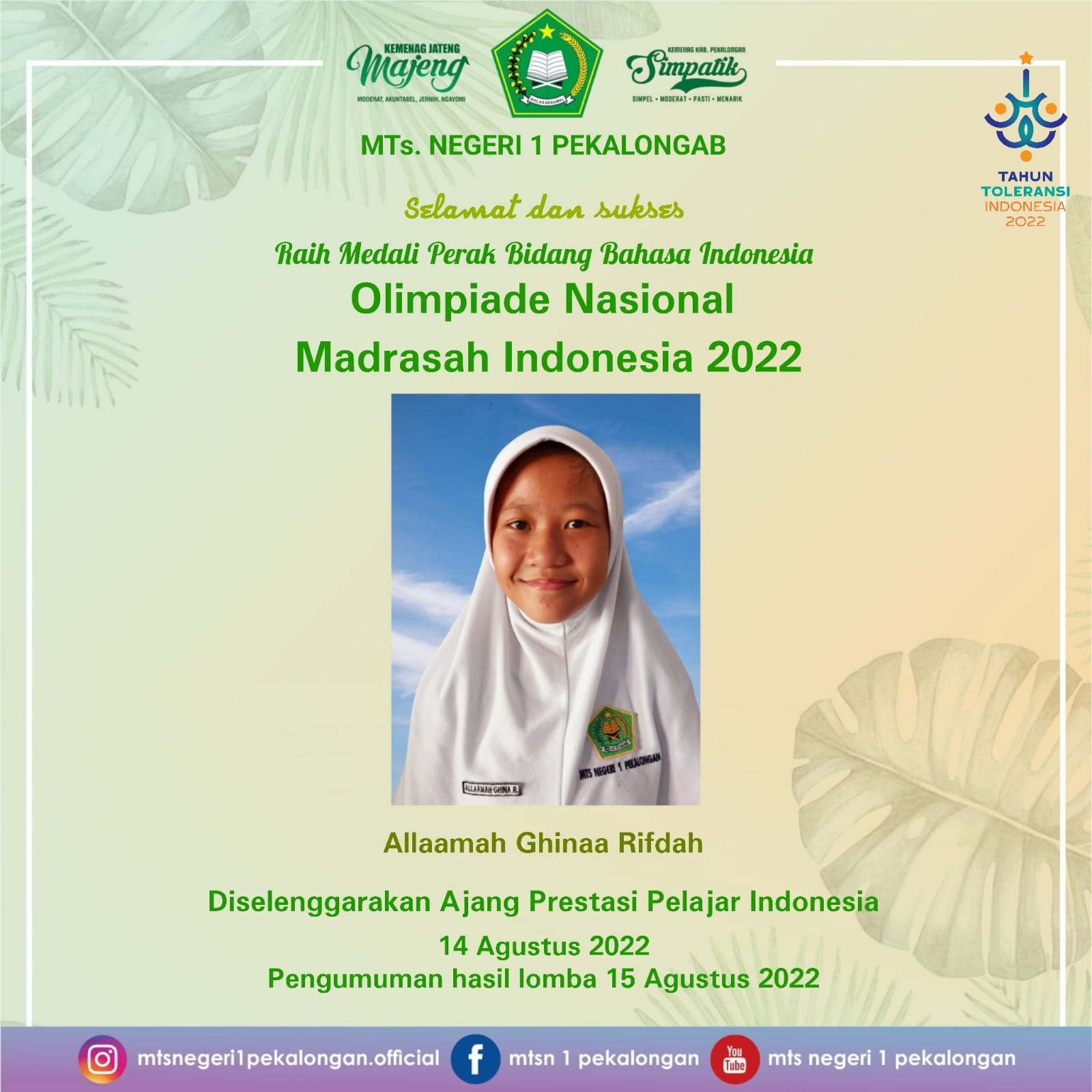 Siswa MTs N 1 Pekalongan Raih Medali Perak pada Olnas Madrasah Indonesia - Kantor Wilayah ...